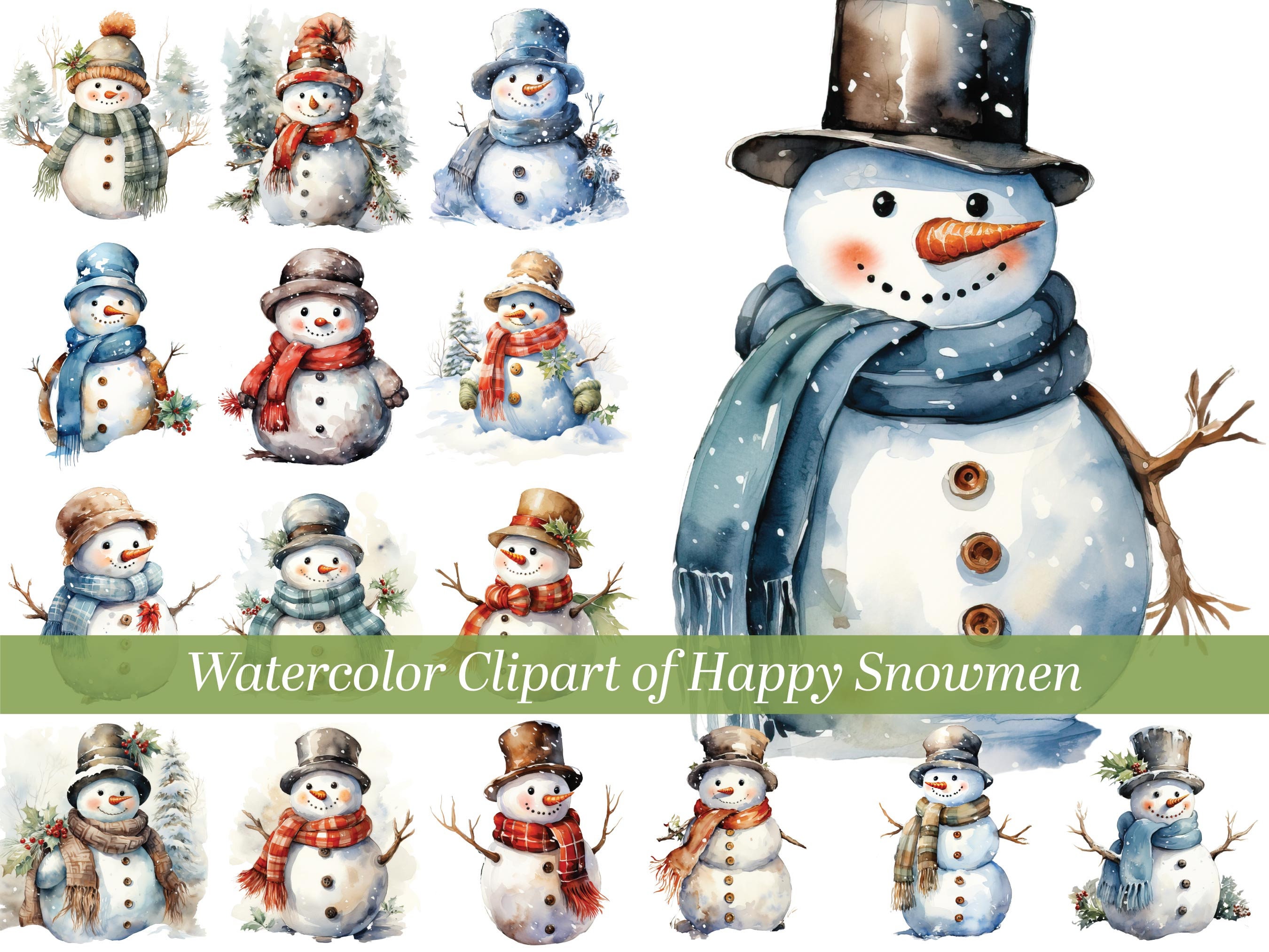 Watercolor Clipart of Very Happy Christmas Snowmen. Cute Snowmen in ...