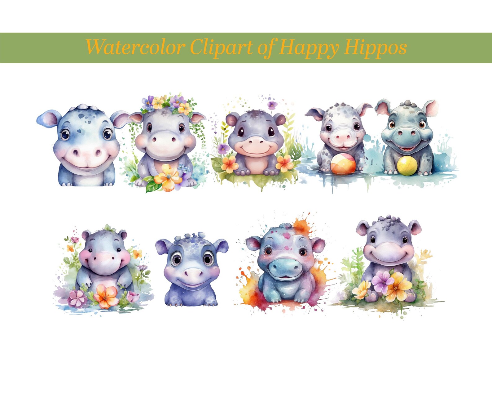 Watercolor Clipart of Beautiful Baby Hippos. Animal Clipart. Commercial ...