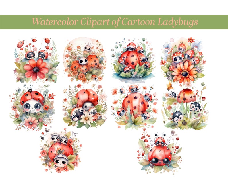 Watercolor Clip Art of Extremely Cute Cartoon Style Ladybugs Playing ...