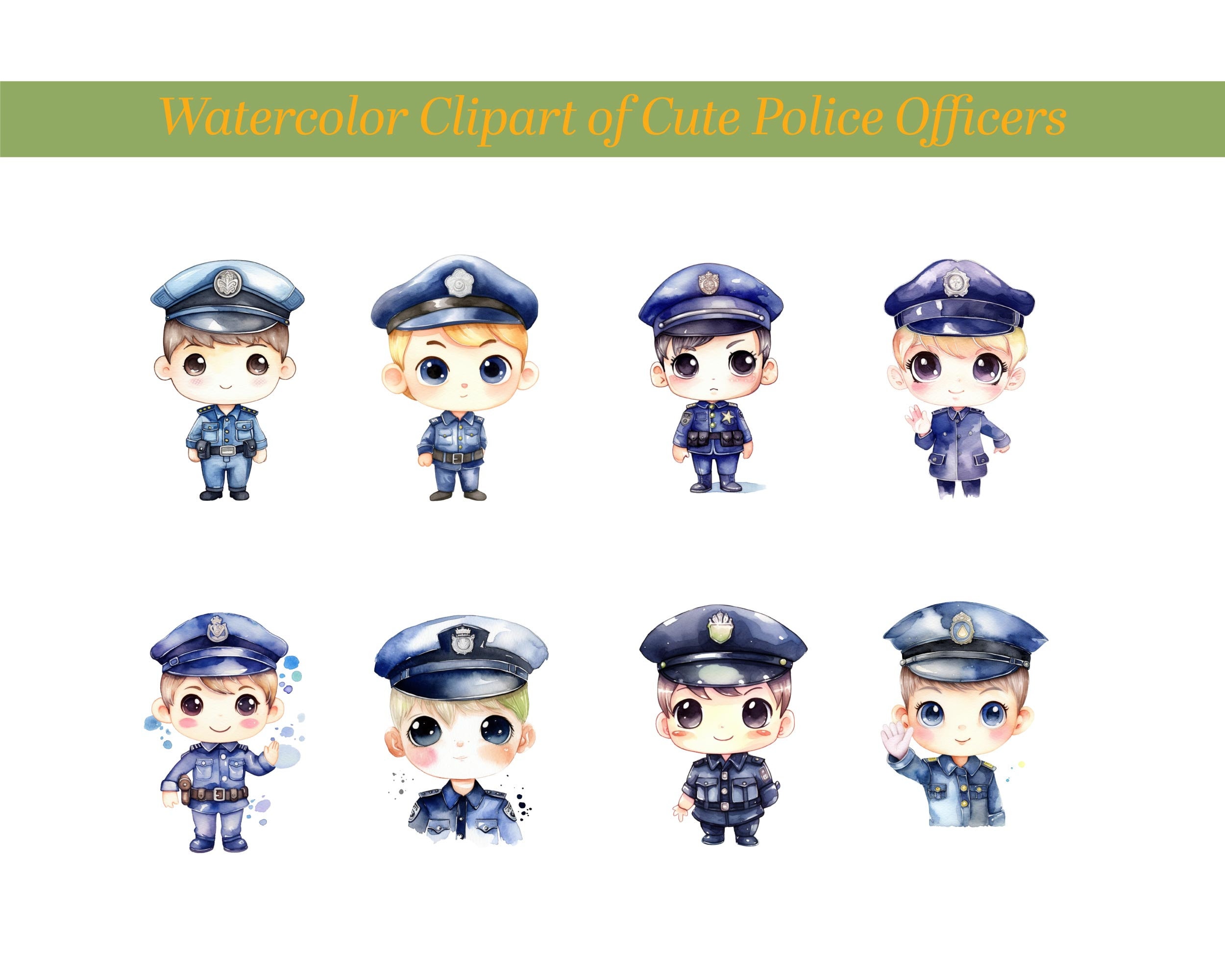 Adorable Little Police Officers in Watercolor Clip Art. 16 Files of ...