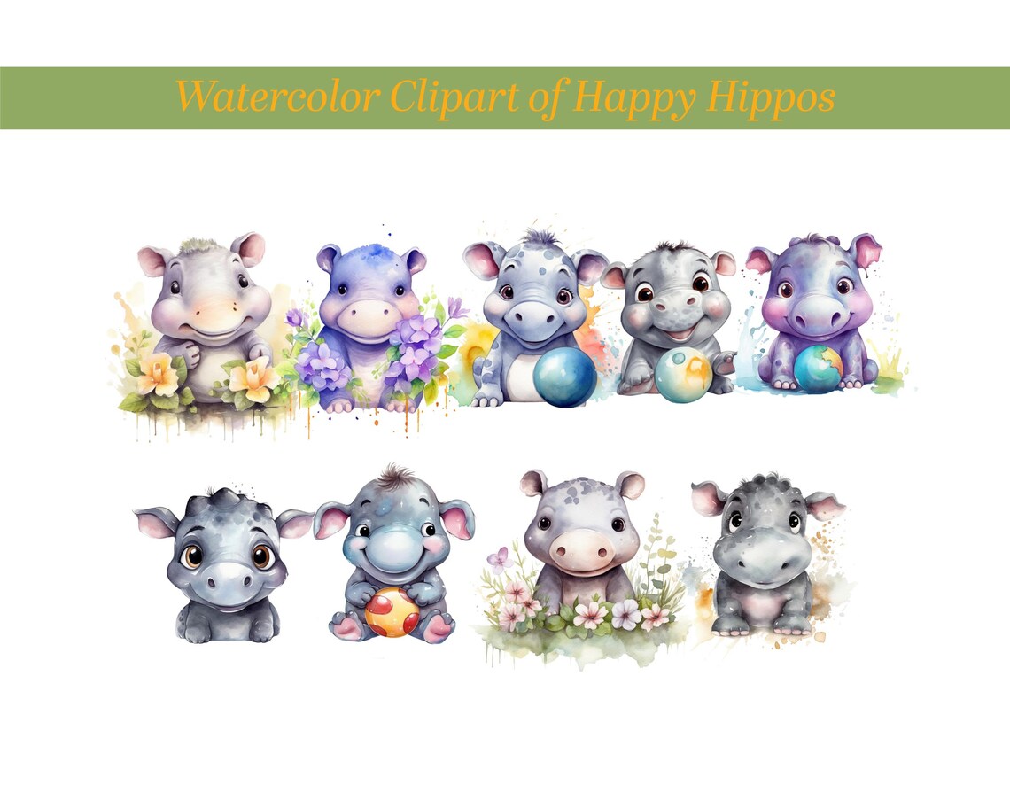 Watercolor Clipart of Beautiful Baby Hippos. Animal Clipart. Commercial ...