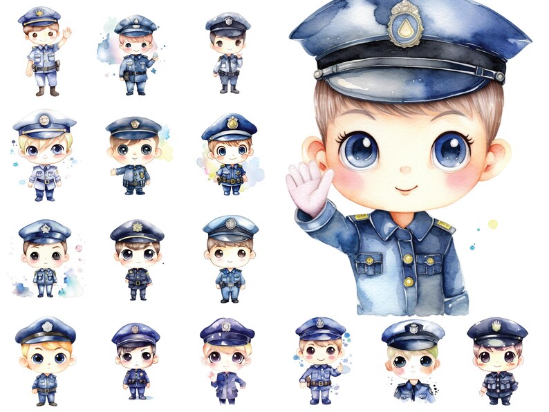 Adorable Little Police Officers in Watercolor Clip Art. 16 Files of ...