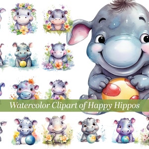 Watercolor Clipart of Beautiful Baby Hippos. Animal Clipart. Commercial ...