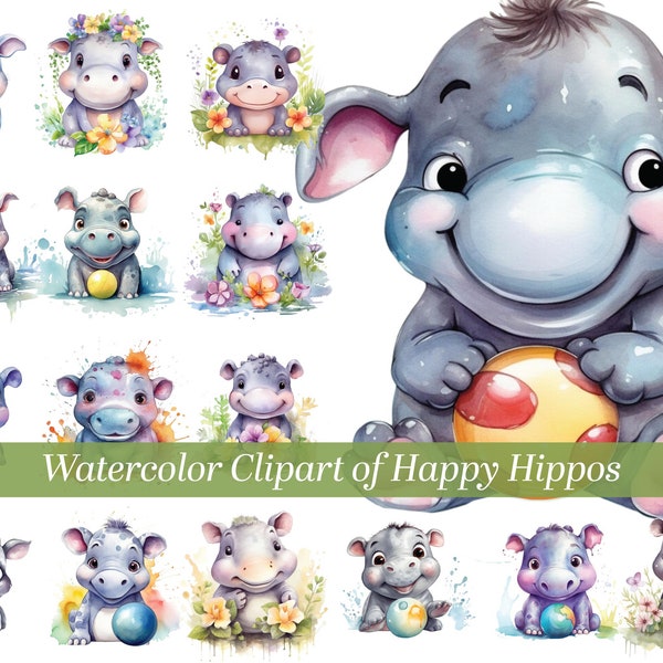 Hippo Watercolor - Etsy