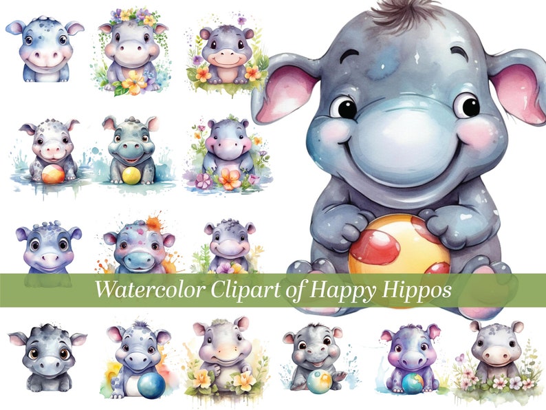 Watercolor Clipart of Beautiful Baby Hippos. Animal Clipart. Commercial ...