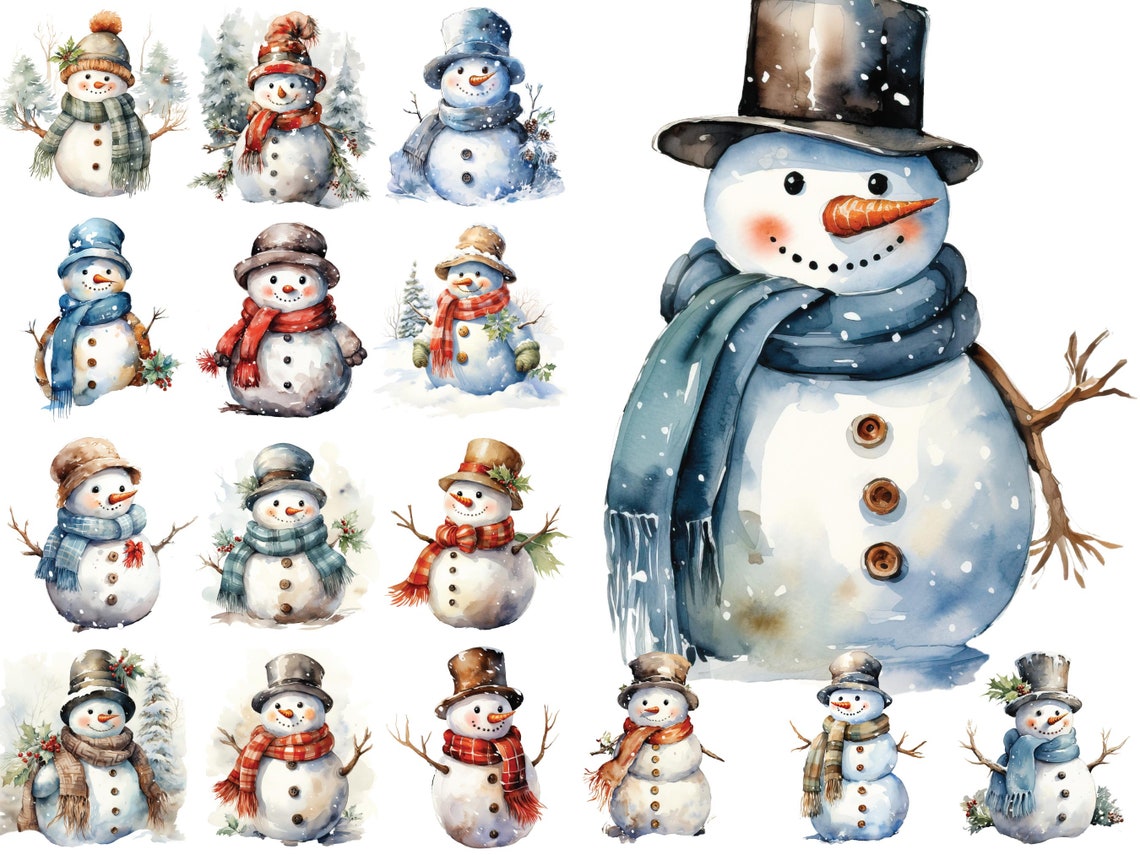 Watercolor Clipart of Very Happy Christmas Snowmen. Cute Snowmen in ...