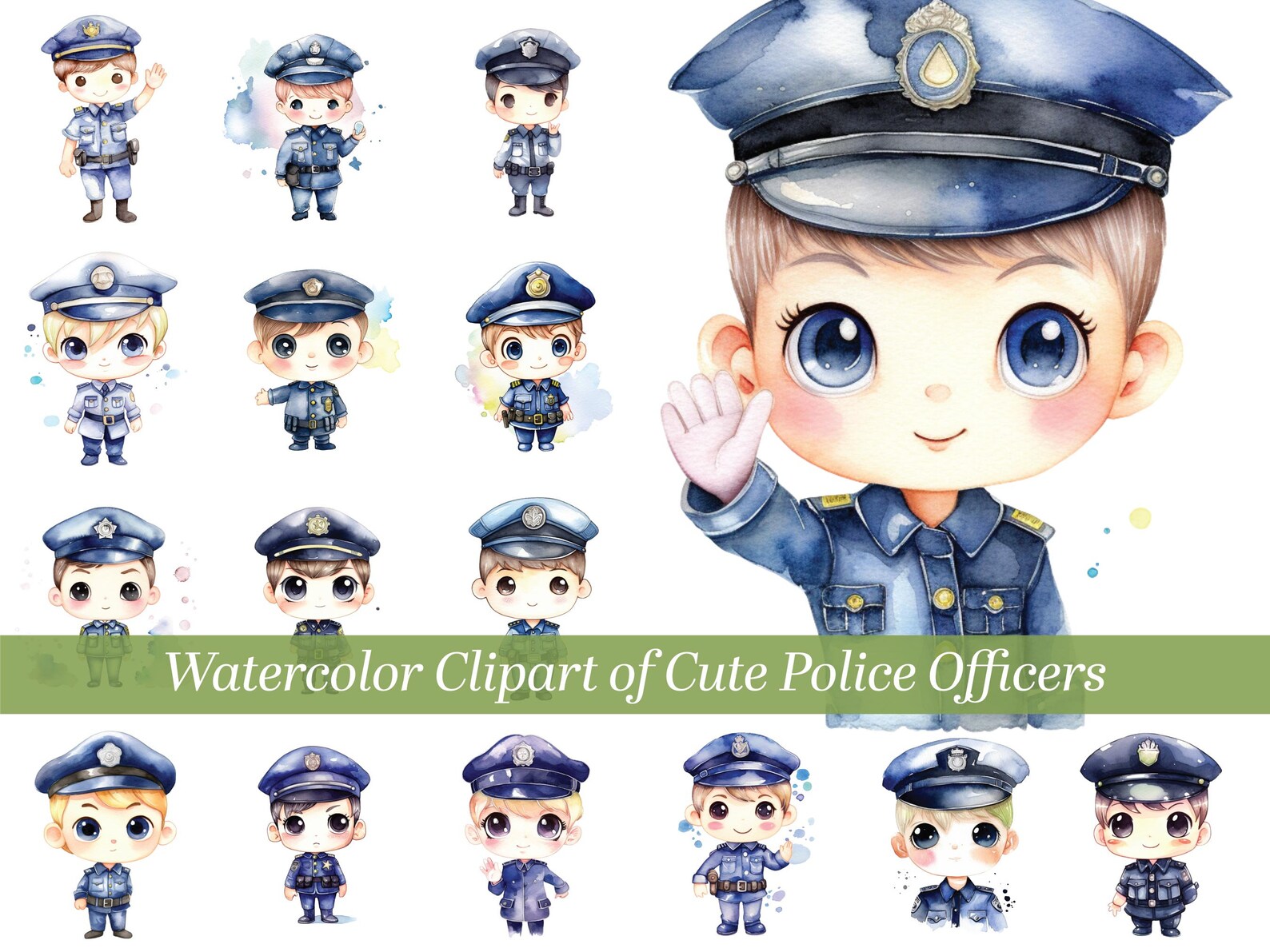 Adorable Little Police Officers in Watercolor Clip Art. 16 Files of ...