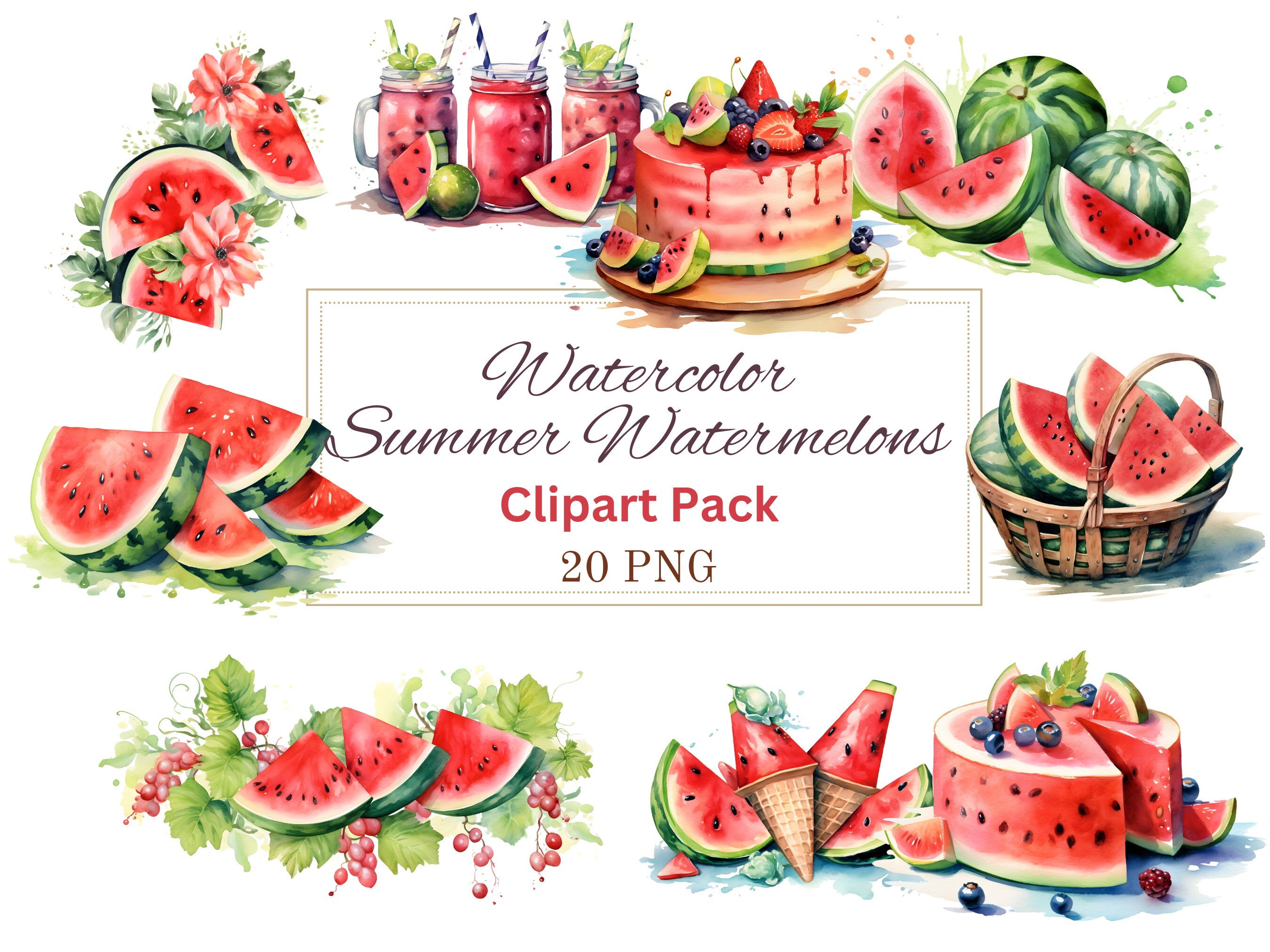 Watercolor Juicy Summer Watermelons Clipart Bundle: 20 PNG Images ...