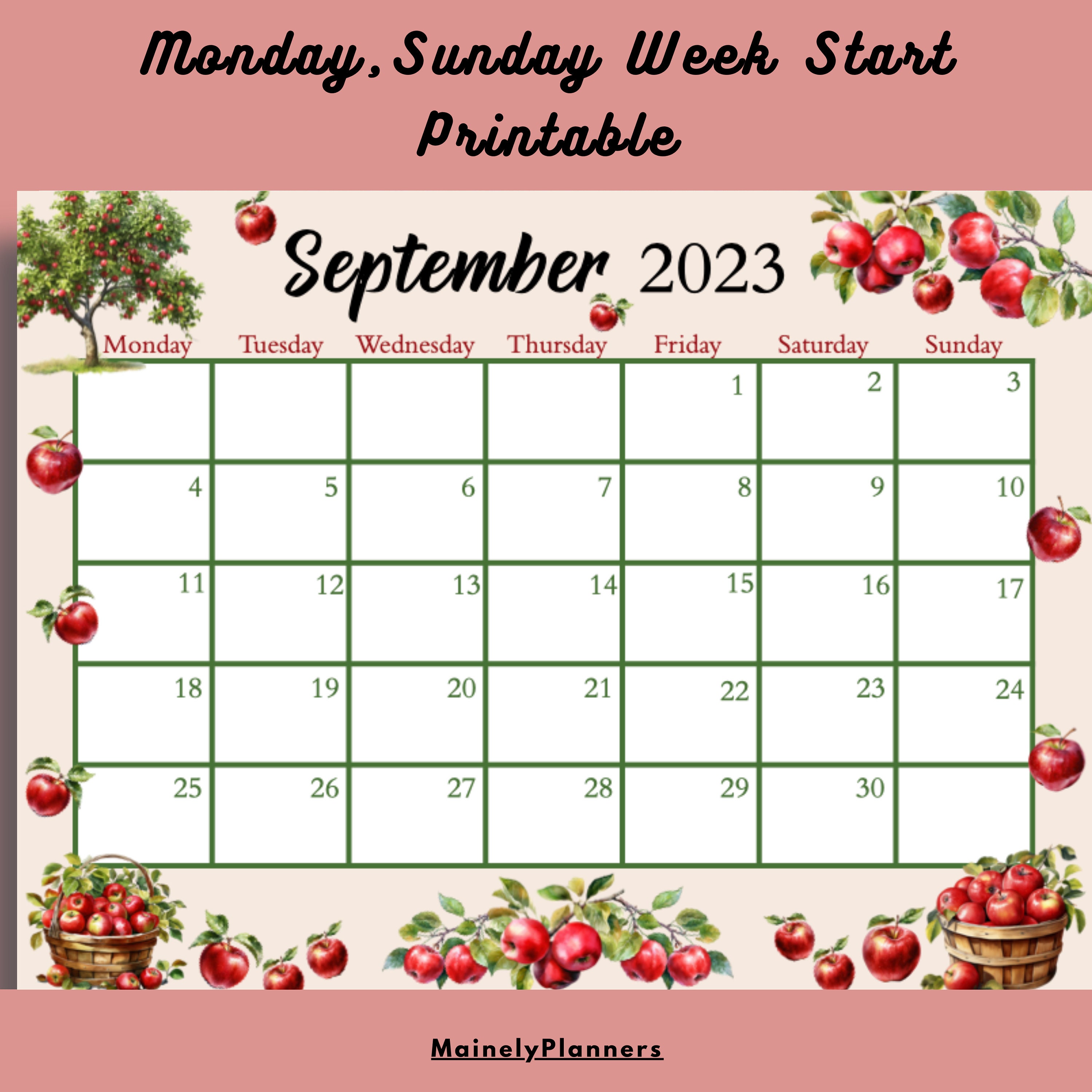 EDITABLE September 2023 Calendar, Homeschool Calendar, Fall Apple ...