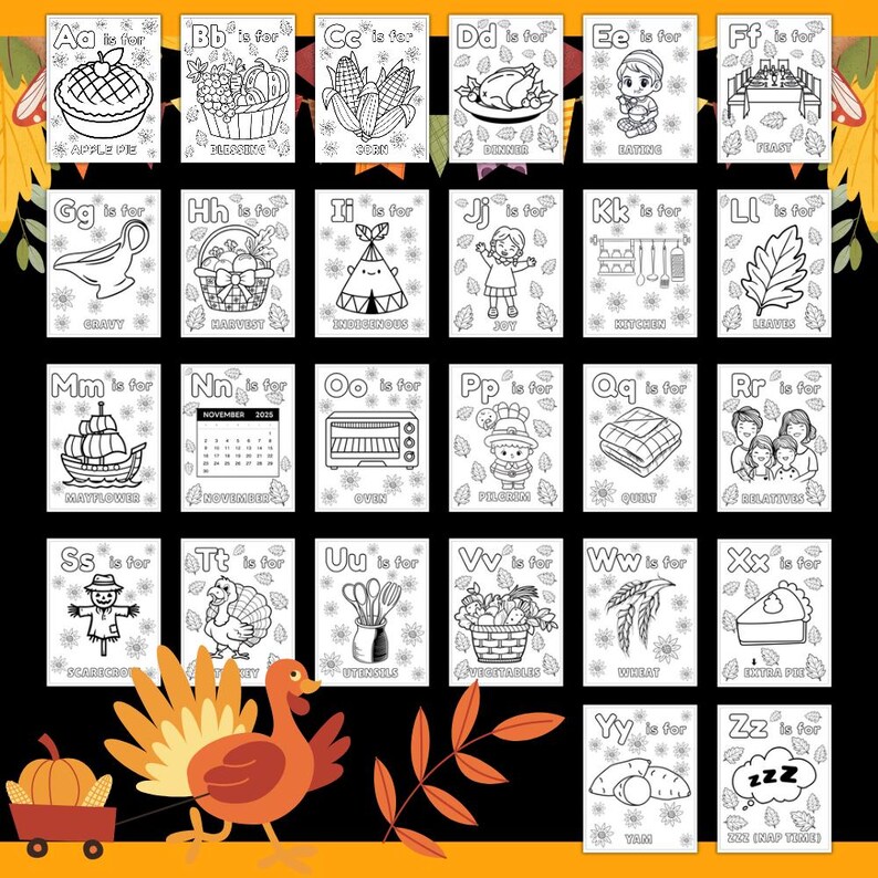 Thanksgiving Alphabet Coloring Pages | A-Z Fall Activity (PDF) - Etsy