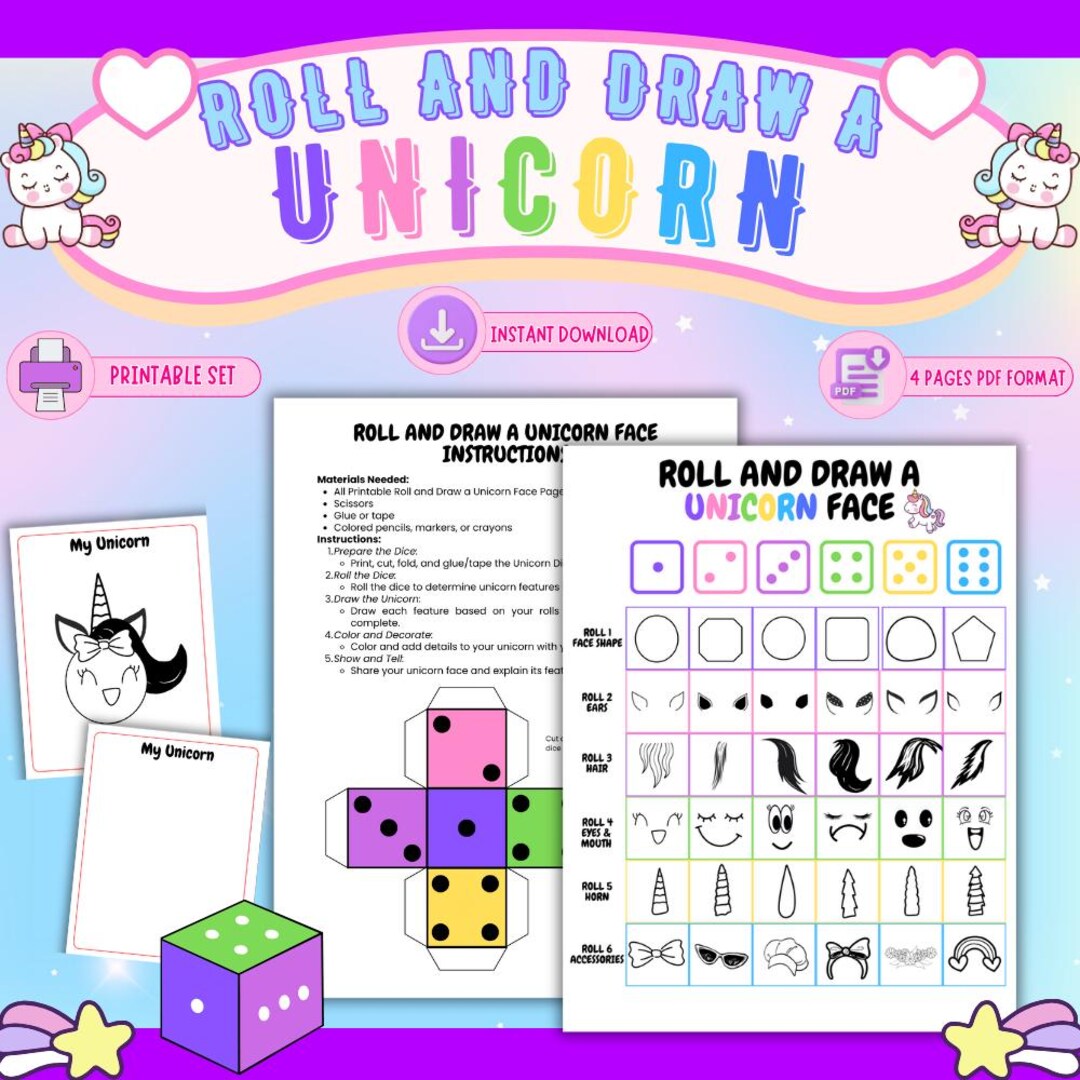 Unicorn Roll and Draw Dice Game Printable for Kids - Art Activity for ...