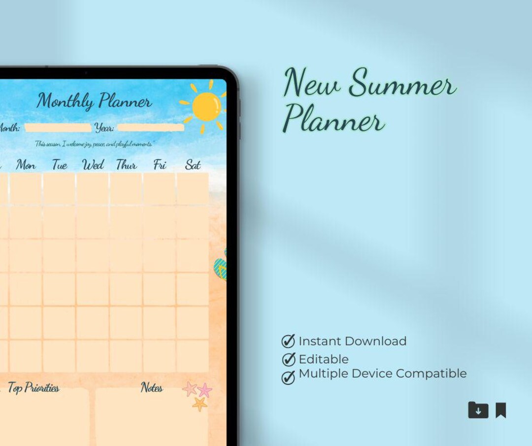 Sun & Sea Editable Beach Planner | Daily Journal - Calendar With ...