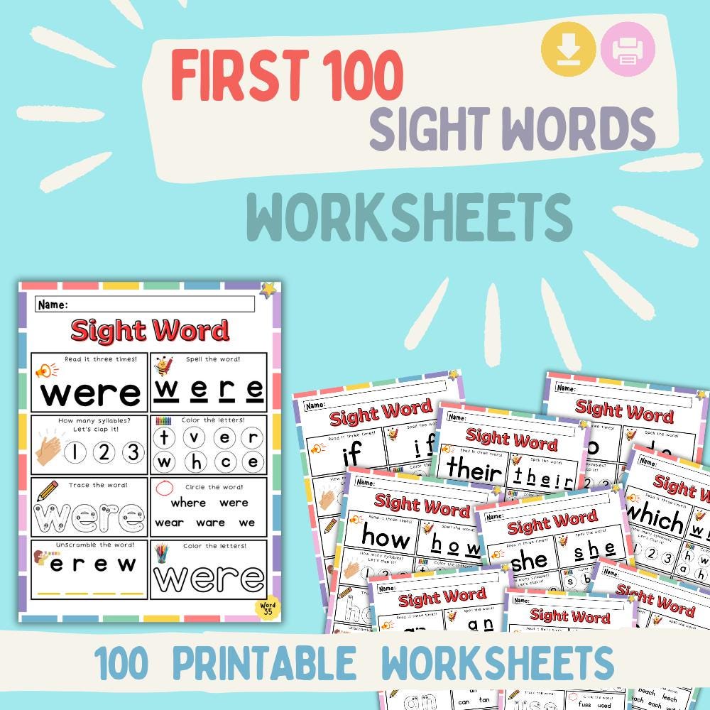 First 100 Sight Words Worksheets | Printable Literacy Pack (PDF) - Etsy