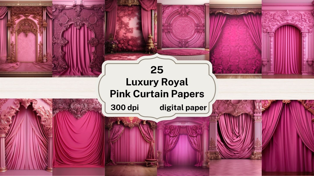 Luxury Royal Pink Digital Paper, Pink Ornate Curtain Backgrounds ...