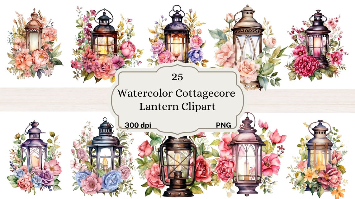 Watercolor Cottagecore Lantern Clipart Floral Antique Lantern - Etsy