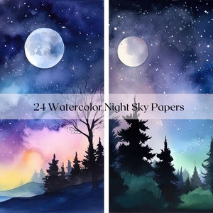 Watercolor Starry Night Digital Paper, Moon and Stars Printable ...
