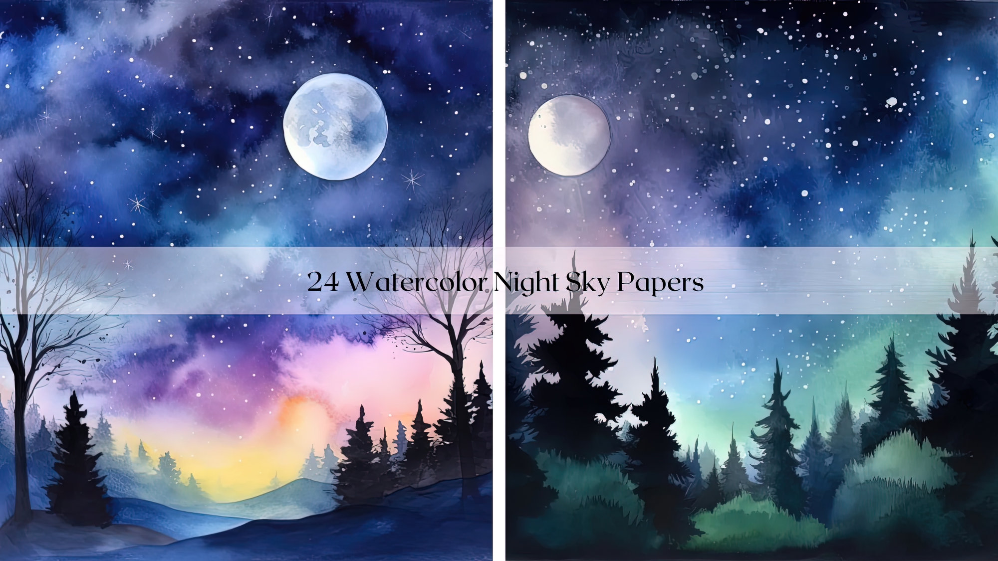 Watercolor Starry Night Digital Paper Moon and Stars - Etsy