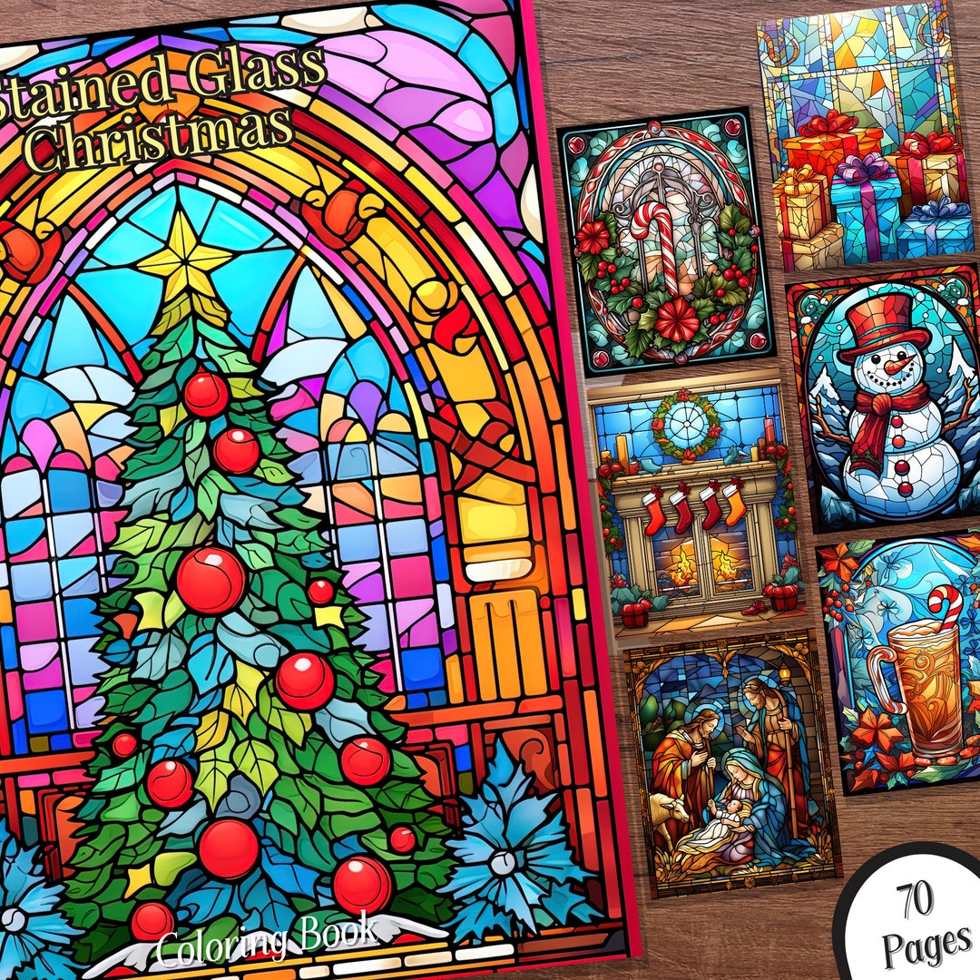 Stained Glass Christmas Coloring Book - 70 Grayscale Printable Adult ...