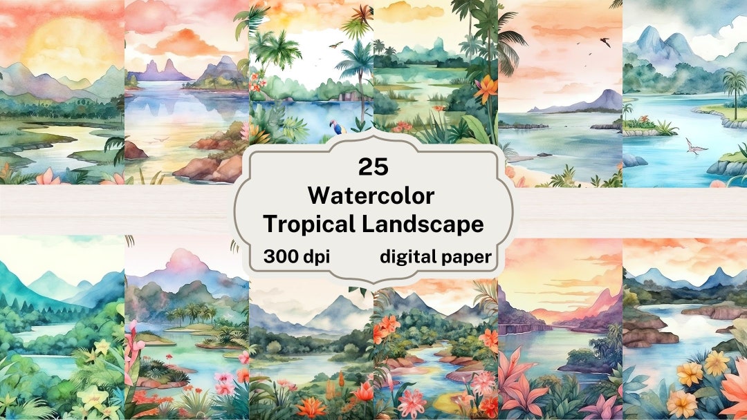 Watercolor Tropical Landscape Digital Paper, Watercolor Tropical ...