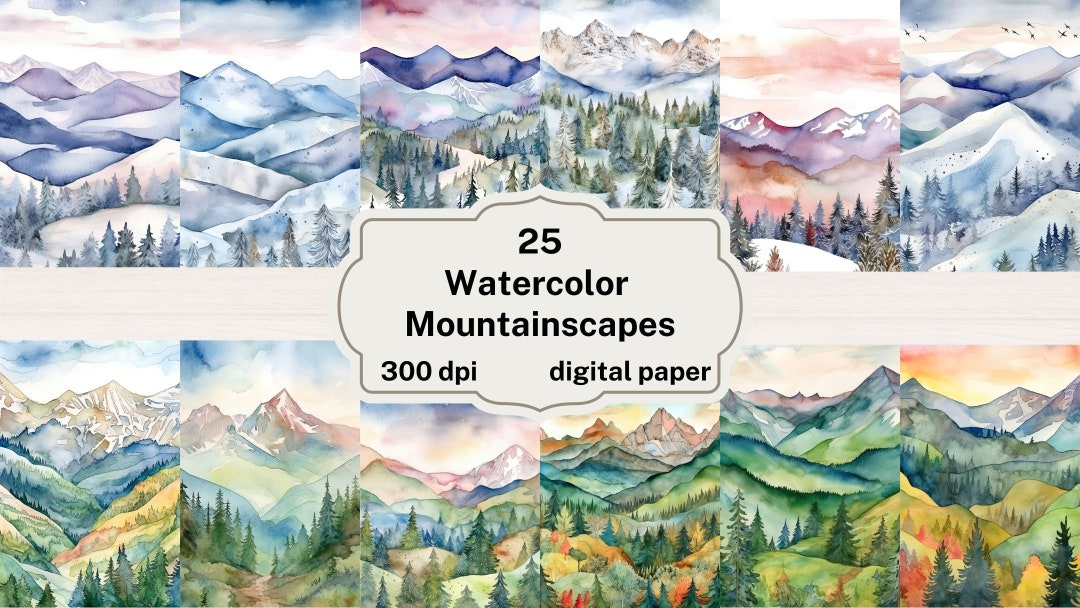 Watercolor Mountainscape Digital Paper, Watercolor Mountain Backgrounds ...