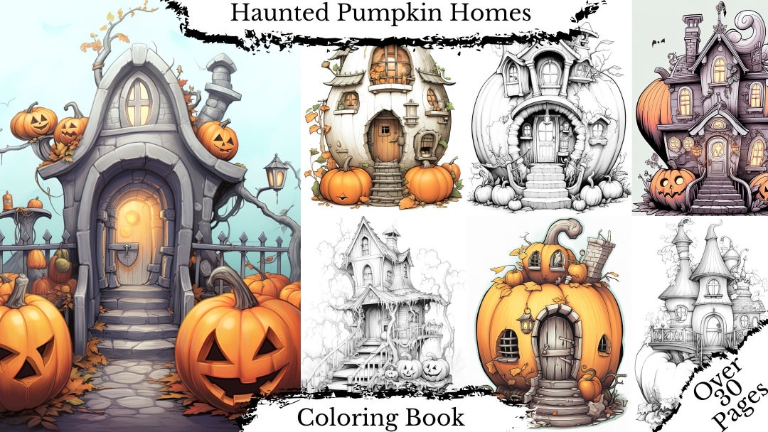 Haunted Pumpkin Homes Coloring Book - Grayscale Pages, Digital Download ...