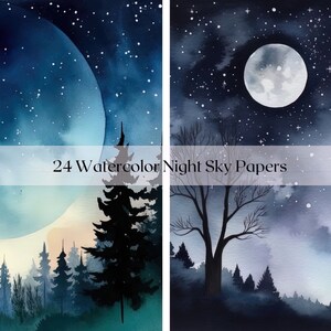 Watercolor Starry Night Digital Paper, Moon and Stars Printable ...