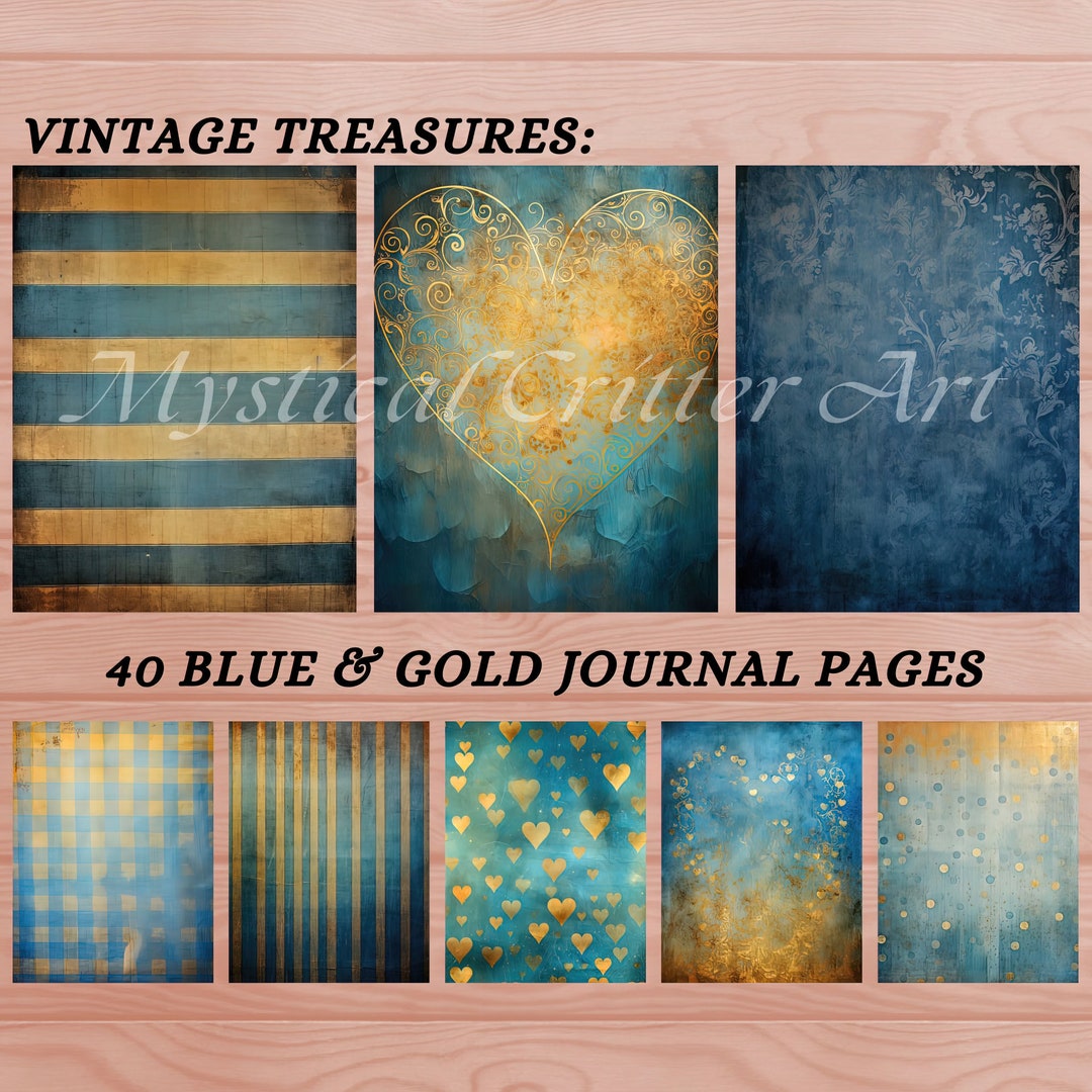 Printable Blue and Gold Paper: Damask, Stripes, Dots, Hearts ...