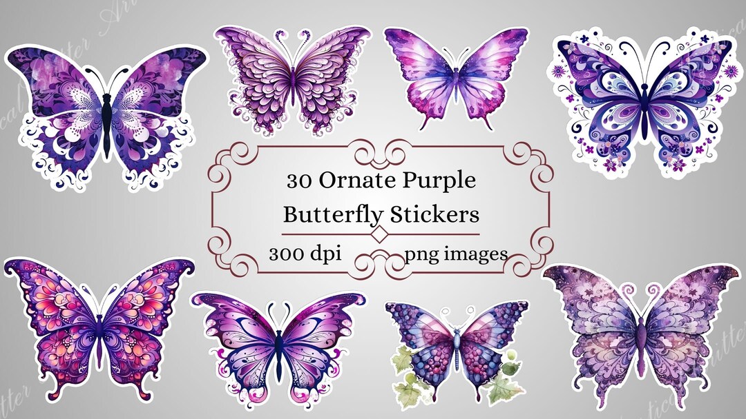 30 Ornate Purple Butterfly Stickers, PNG Printable Digital Instant ...