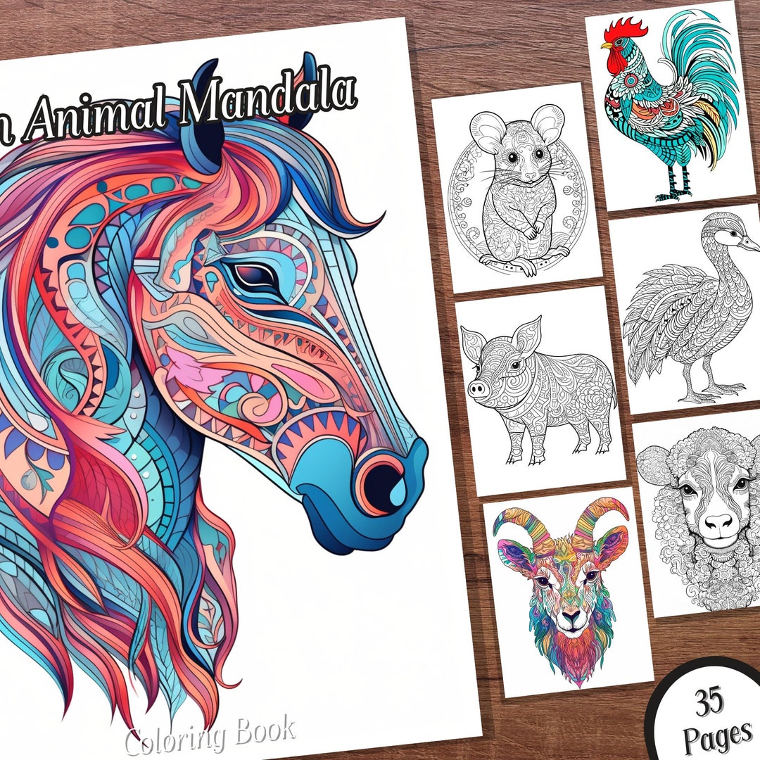 Farm Animal Mandala Coloring Book - 35 Grayscale Printable Adult ...