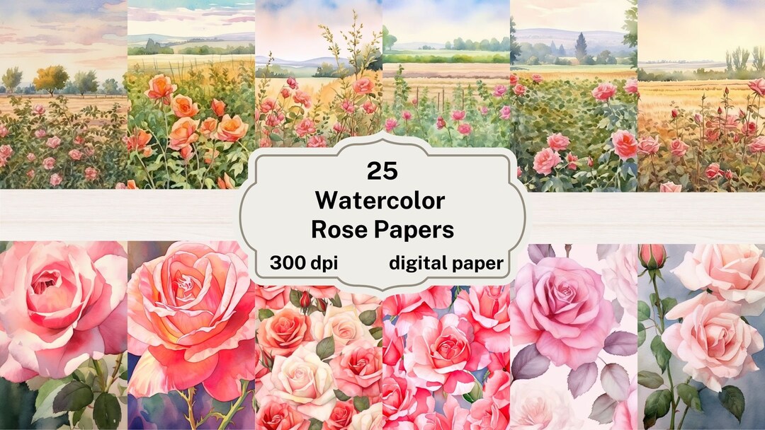 Watercolor Rose Digital Paper, Watercolor Rose Backgrounds Printable ...