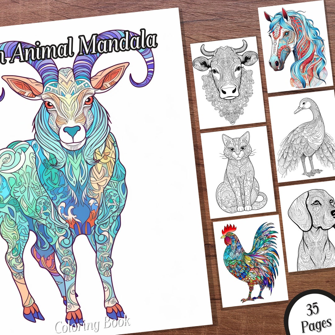 Farm Animal Mandala II Coloring Book, Grayscale Printable Adult ...