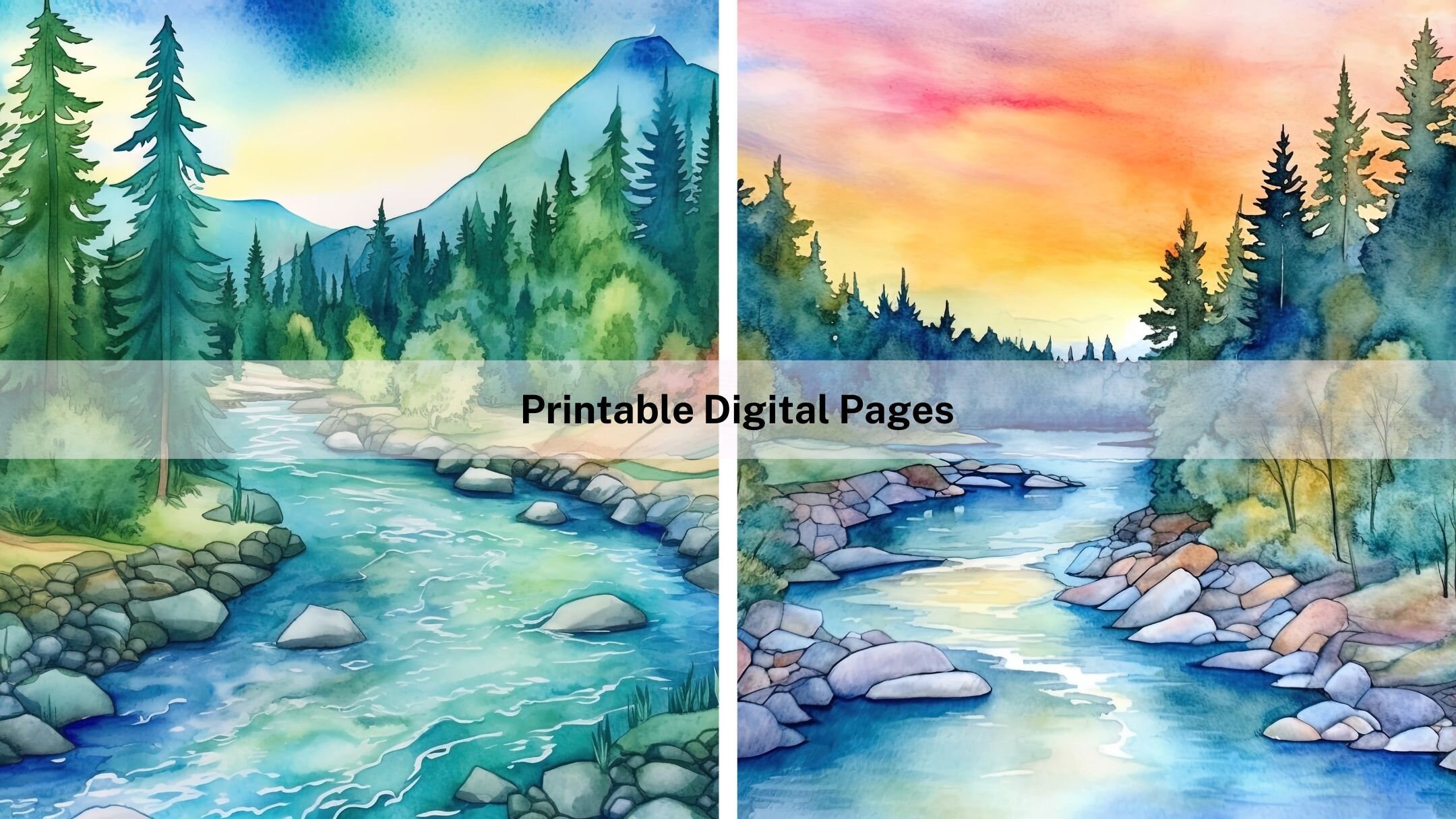 Watercolor Riverscape Digital Paper Watercolor River - Etsy