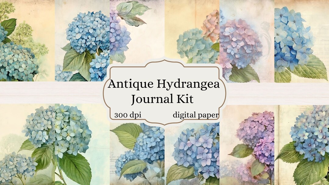 Antique Hydrangea Journal Kit, Watercolor Hydrangea Junk Journal Pages With Ephemera and Tags ...