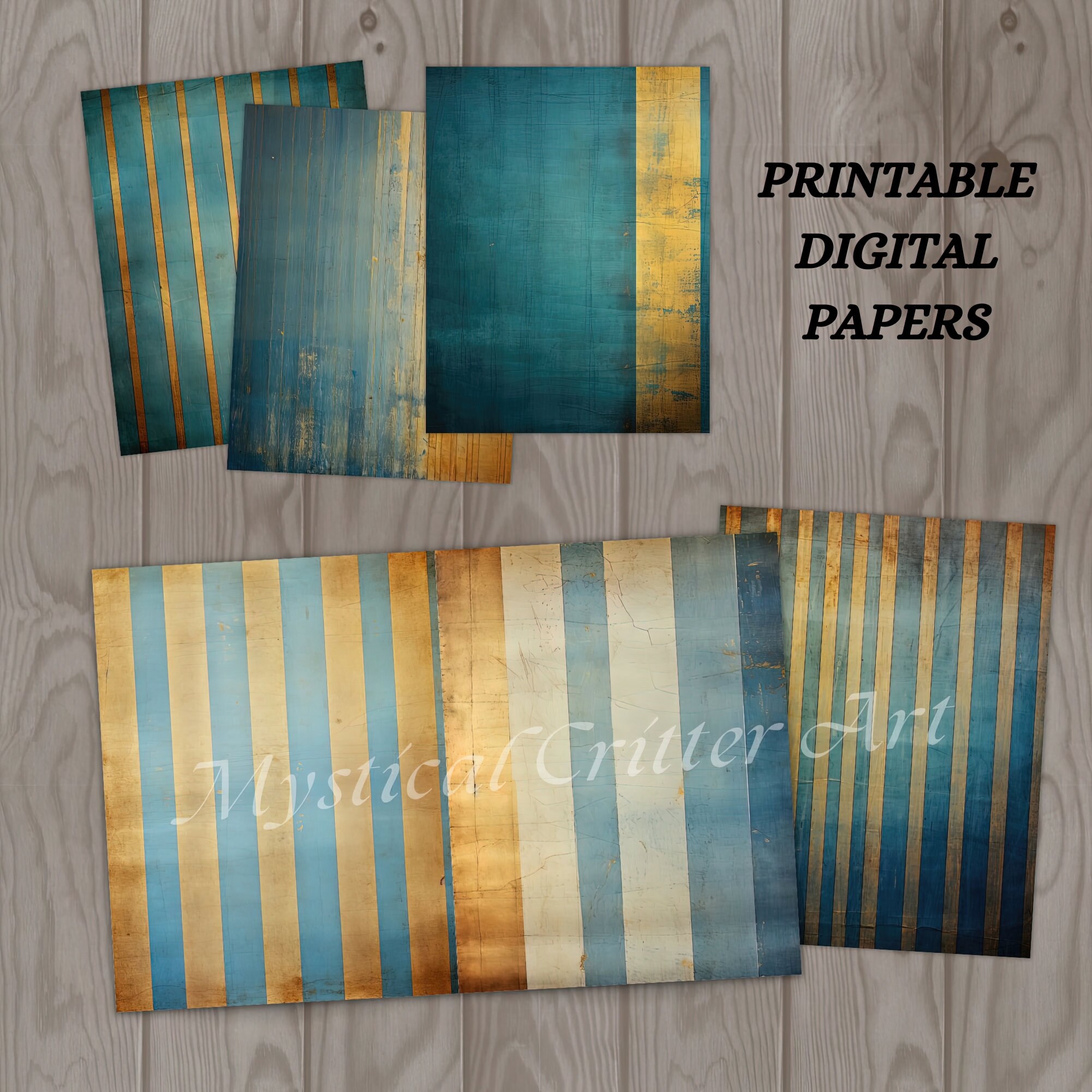 Printable Blue and Gold Paper: Damask Stripes Dots Hearts - Etsy