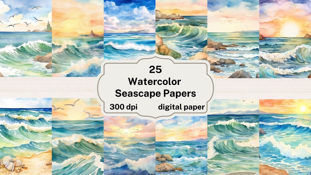 Watercolor Seascape Digital Paper, Watercolor Ocean Backgrounds ...