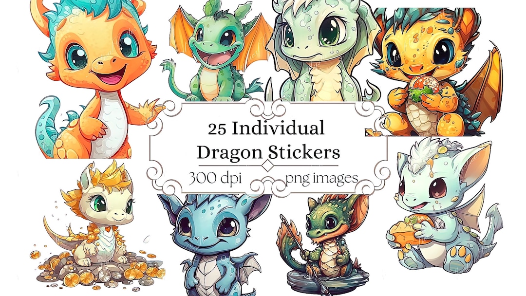 Cute Dragon Stickers, Stickers Pack Junk Journal Dragon Png Digital ...