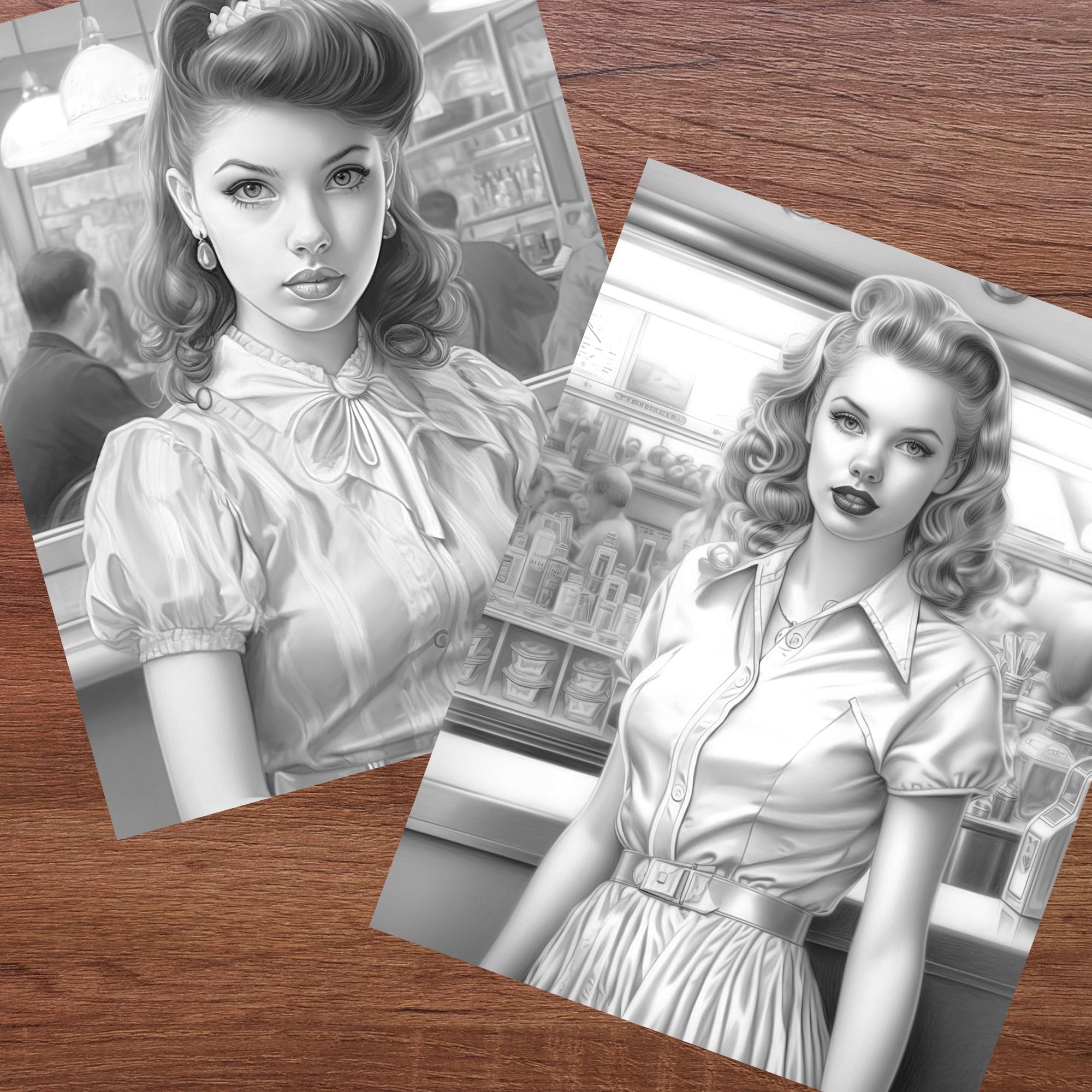 Girls of the 50's Coloring Book, 40 Grayscale Nostalgia Coloring Pages ...