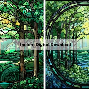 Emerald Forest Stained Glass Digital Paper, Glass Texture, Forest ...