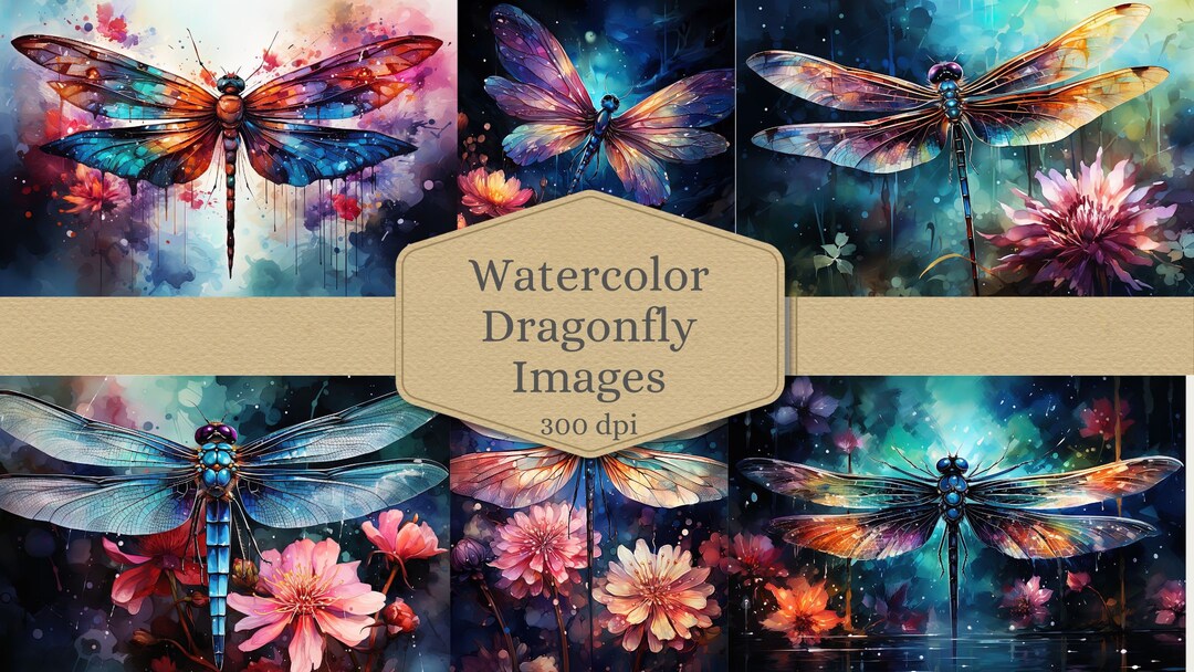 Watercolor Dark Dragonfly Digital Paper, Dragonfly Scrapbooking and ...