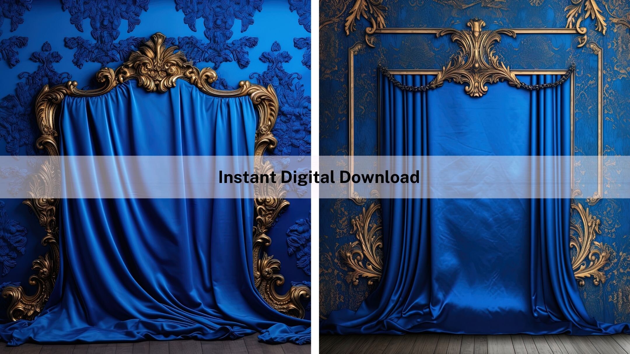 Luxury Royal Blue Digital Paper, Blue and Gold Ornate Curtain ...