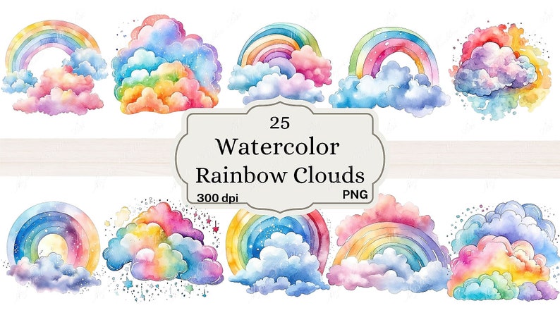 Watercolor Rainbow Cloud Clipart Watercolor Texture Rainbow - Etsy