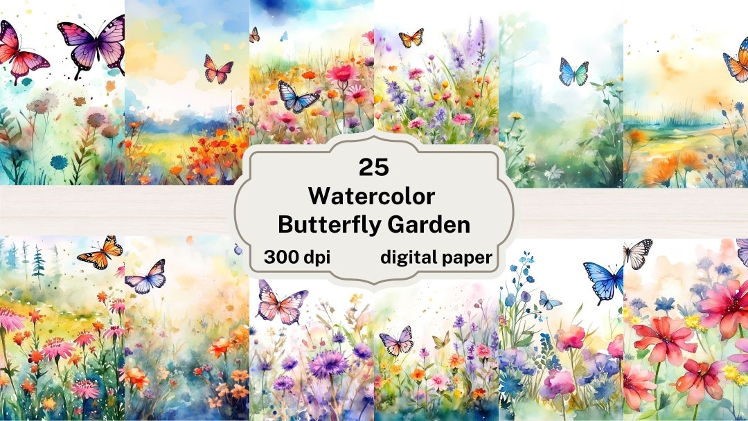 Watercolor Butterfly Garden Digital Paper, Watercolor Butterfly ...