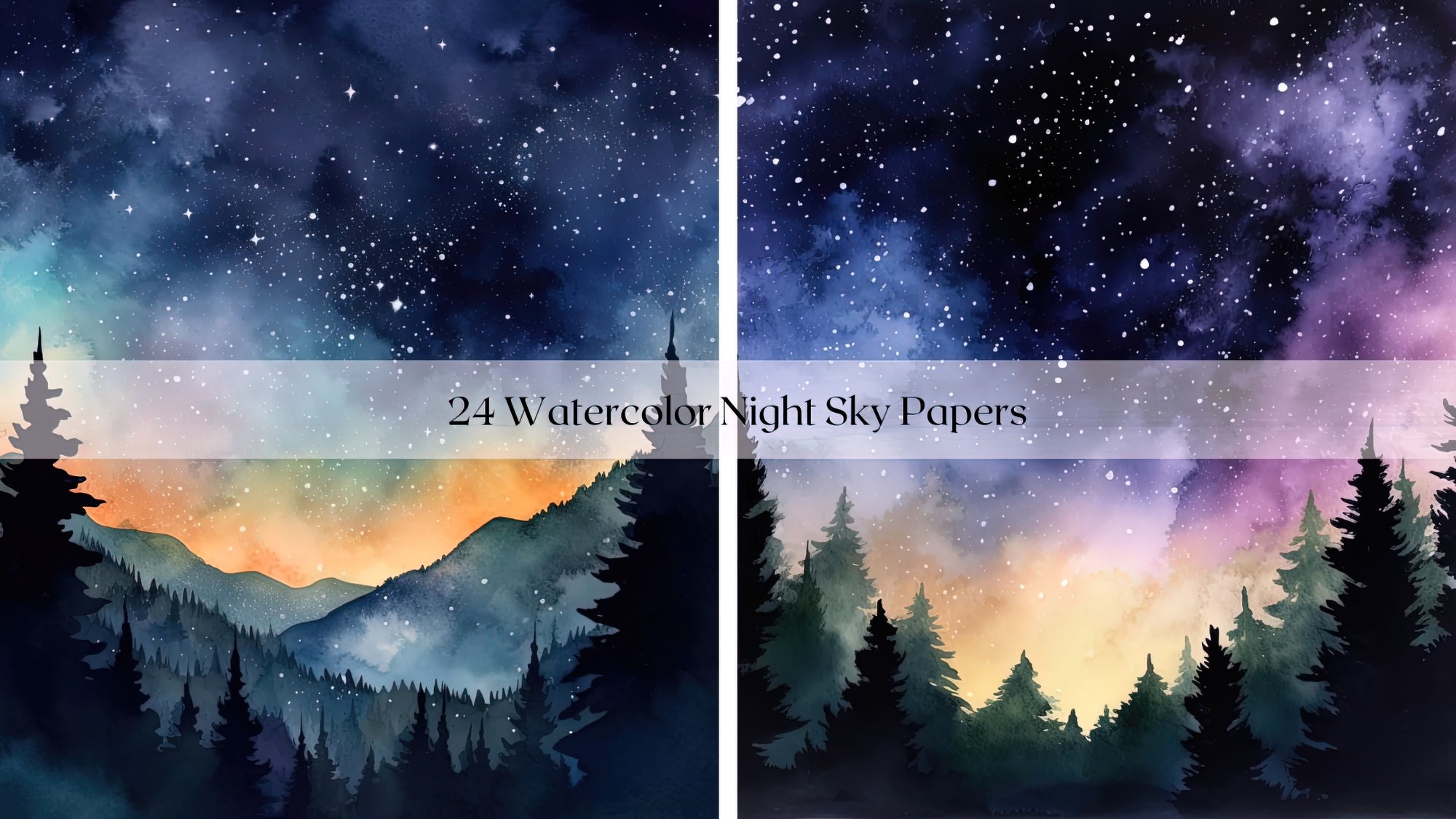 Watercolor Starry Night Digital Paper Moon and Stars - Etsy