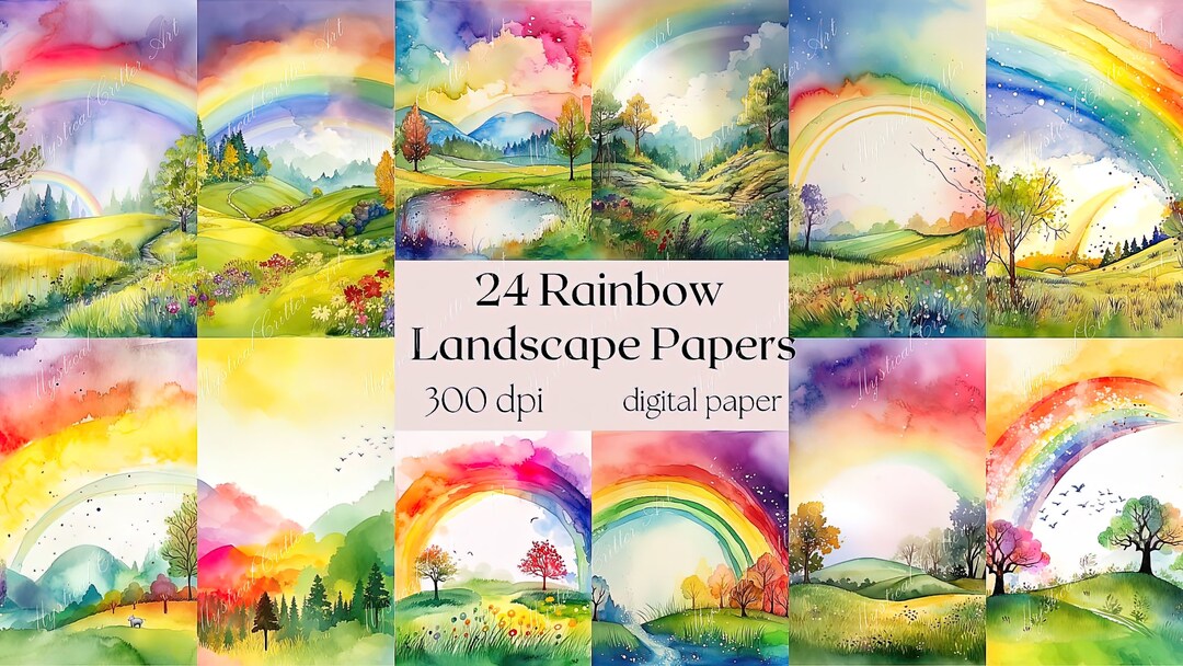 Watercolor Rainbow Landscape Papers, Rainbow Digital Paper Watercolor ...