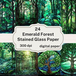 Emerald Forest Stained Glass Digital Paper, Glass Texture, Forest ...