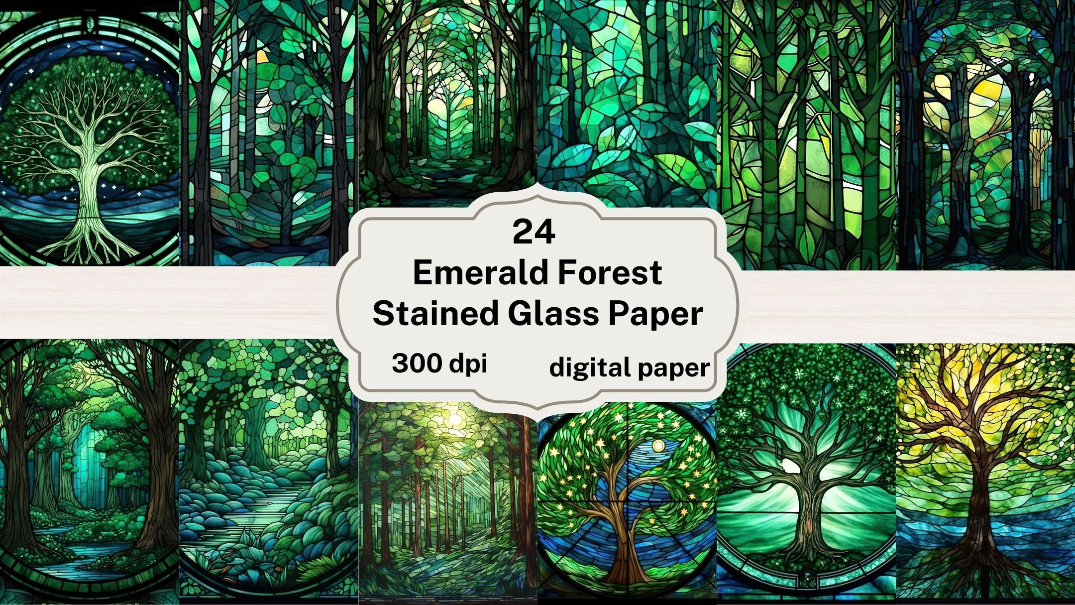 Emerald Forest Stained Glass Digital Paper, Glass Texture, Forest ...