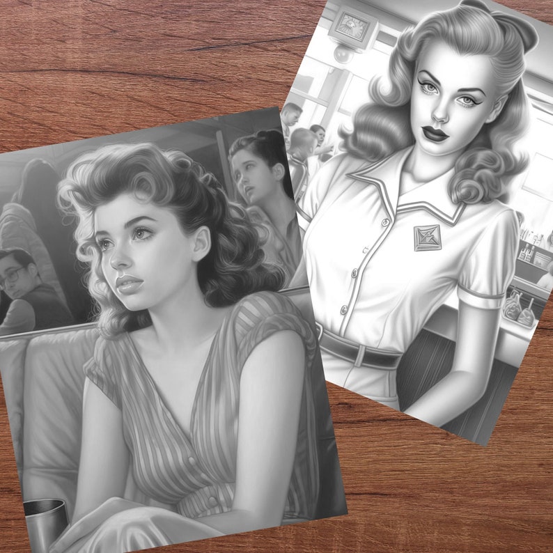 Girls of the 50's Coloring Book, 40 Grayscale Nostalgia Coloring Pages ...
