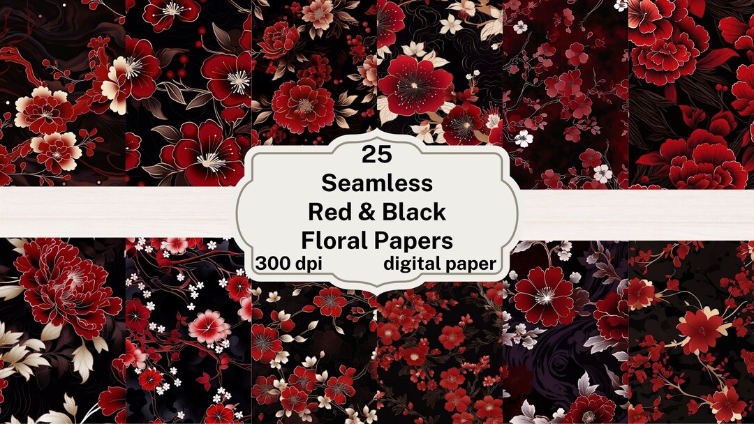 Red and Black Floral Digital Paper, Seamless Gothic Rose Printable ...