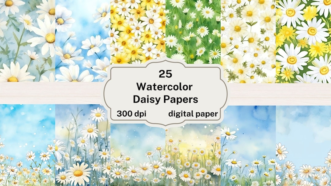Watercolor Daisy Digital Paper, Watercolor Daisy Backgrounds Printable ...