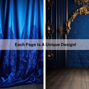 Luxury Royal Blue Digital Paper, Blue and Gold Ornate Curtain ...